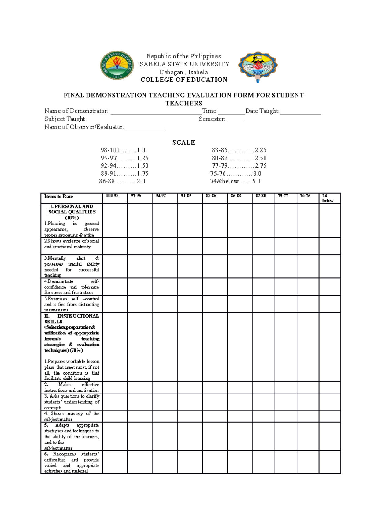 Evaluation FORM - Republic of the Philippines ISABELA STATE UNIVERSITY ...