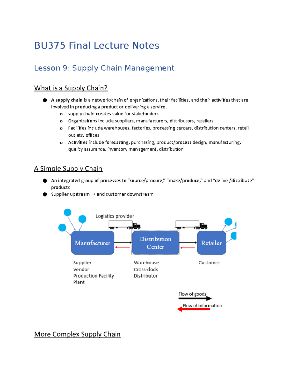BU375 Final Lecture Notes - BU375 Final Lecture Notes Lesson 9: Supply ...