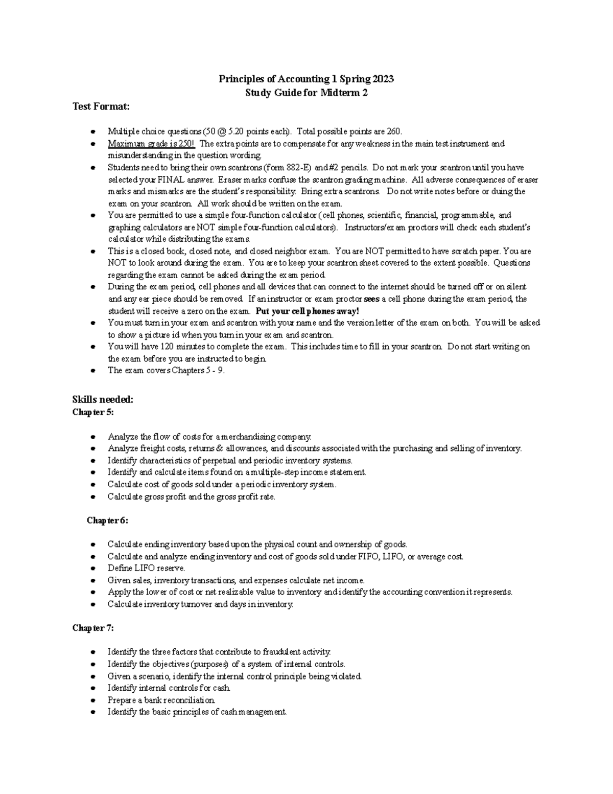 Principles of Accounting 1 Spring 2023 Study Guide - Total possible ...