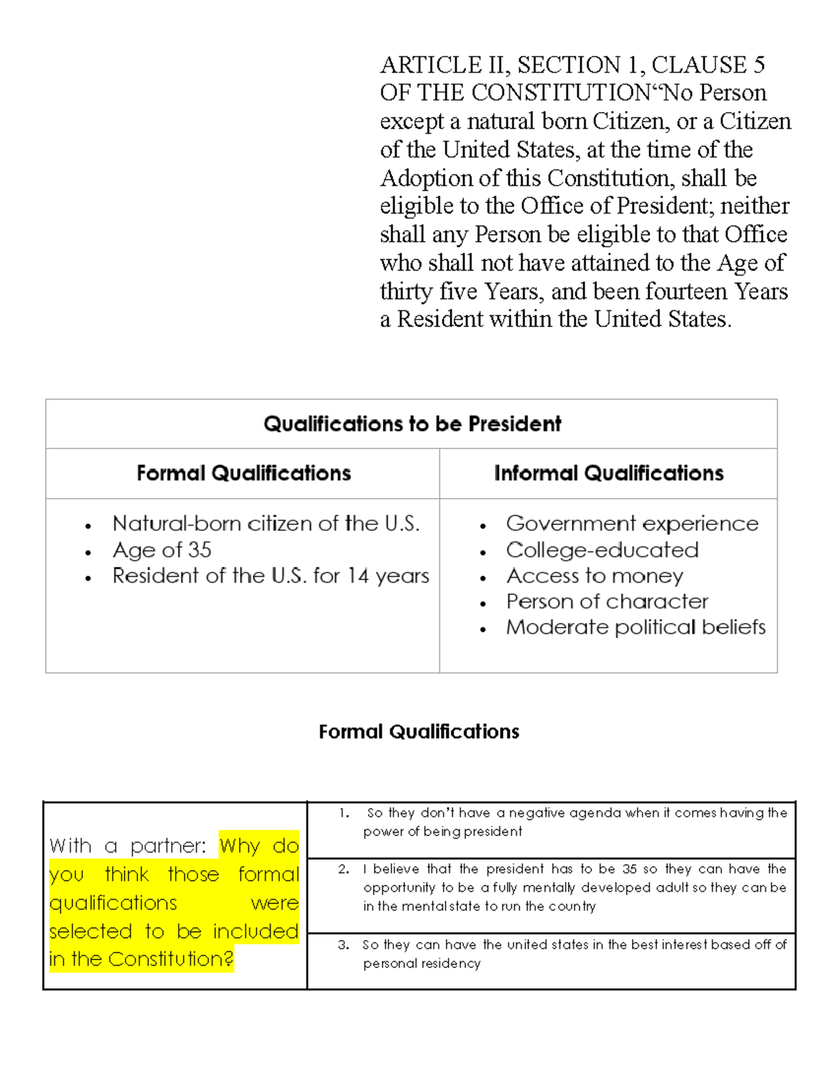 Am Gov and Civics AKS 33a&b LMT - ARTICLE II, SECTION 1, CLAUSE 5 OF ...