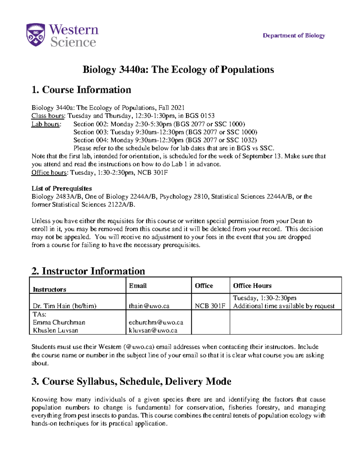 Biology 3440a syllabus 2021 - Department of Biology Biology 3440a: The ...