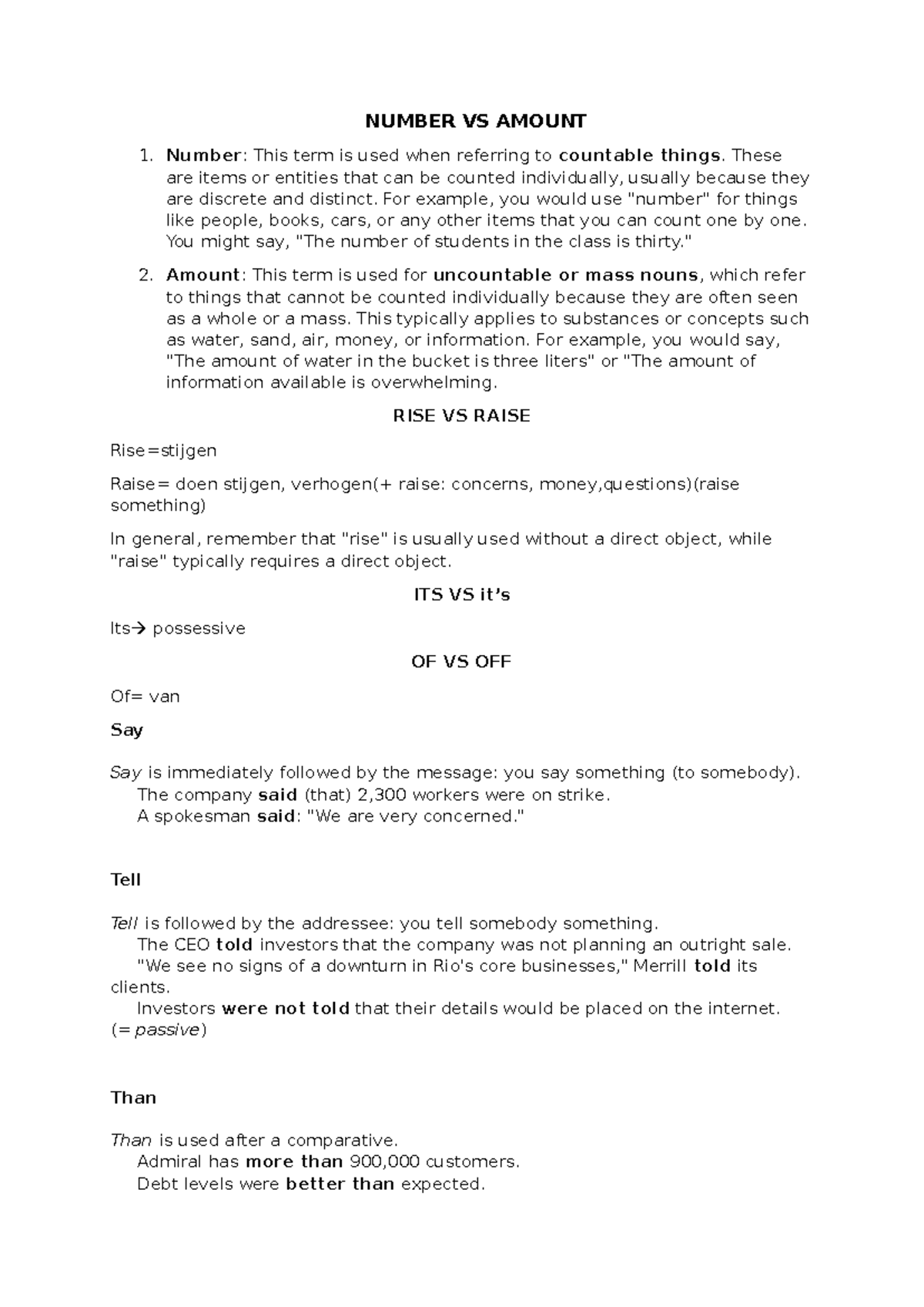 Number VS Amount - Oefeningen - NUMBER VS AMOUNT Number: This term is ...