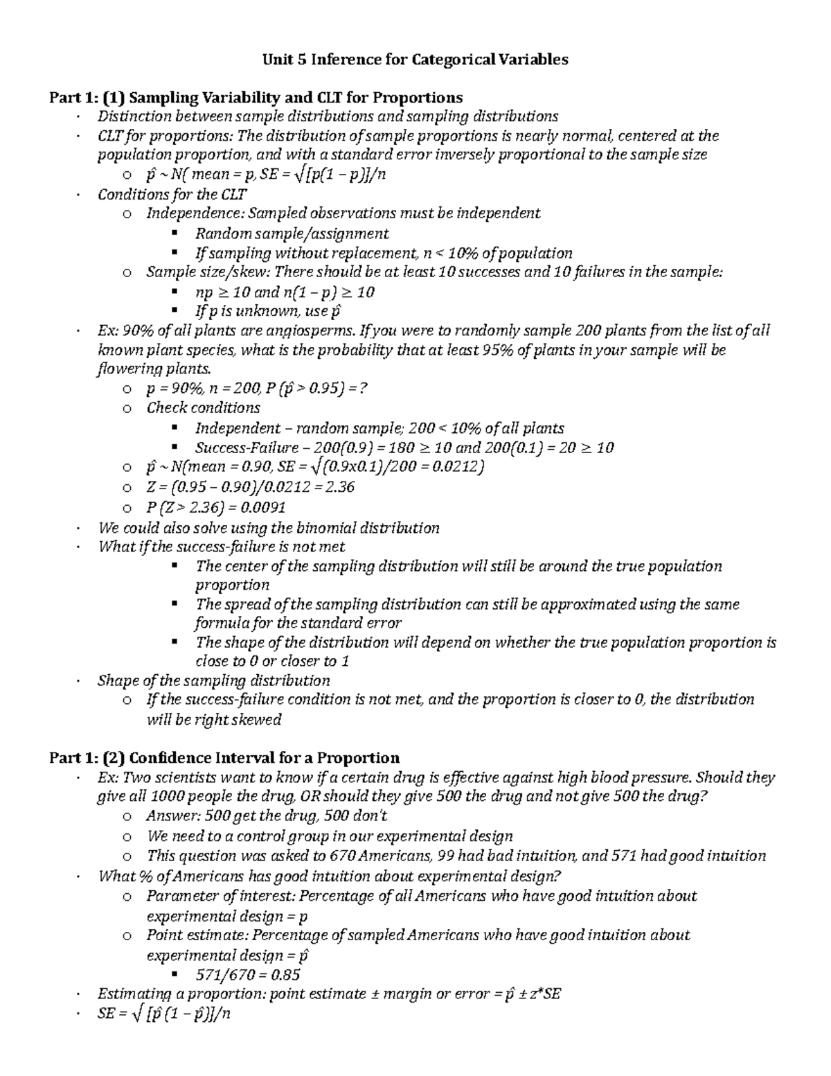Stats Unit 5 Video Notes - Unit 5 Inference for Categorical Variables ...