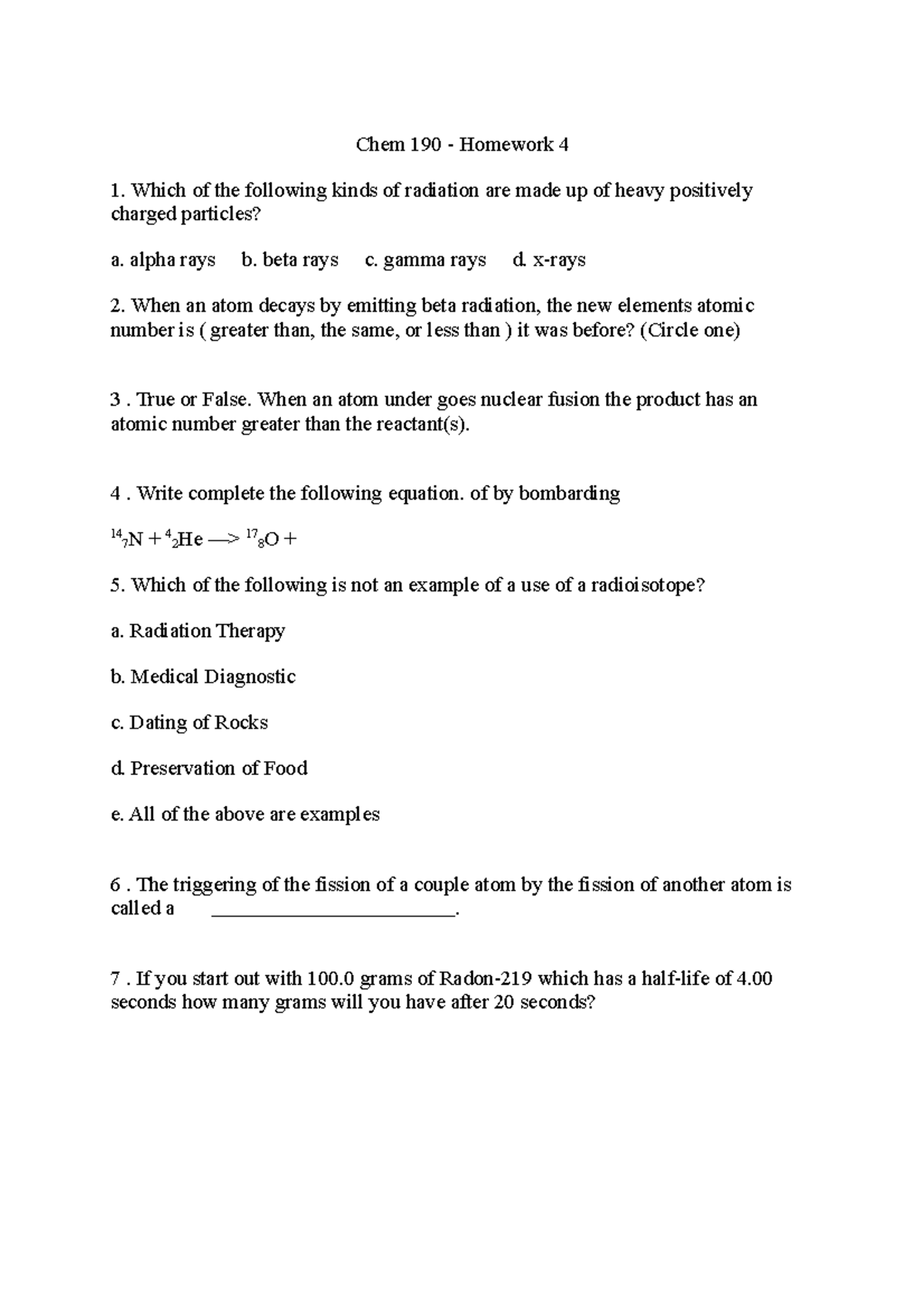 CHEM 1900 homework chapter 4 + solution - Chem 190 - Homework 4 Which ...