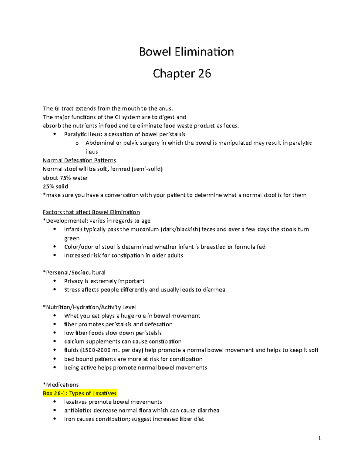 Bowel Elimination Outline - Bowel Elimination Chapter 26 The GI tract ...