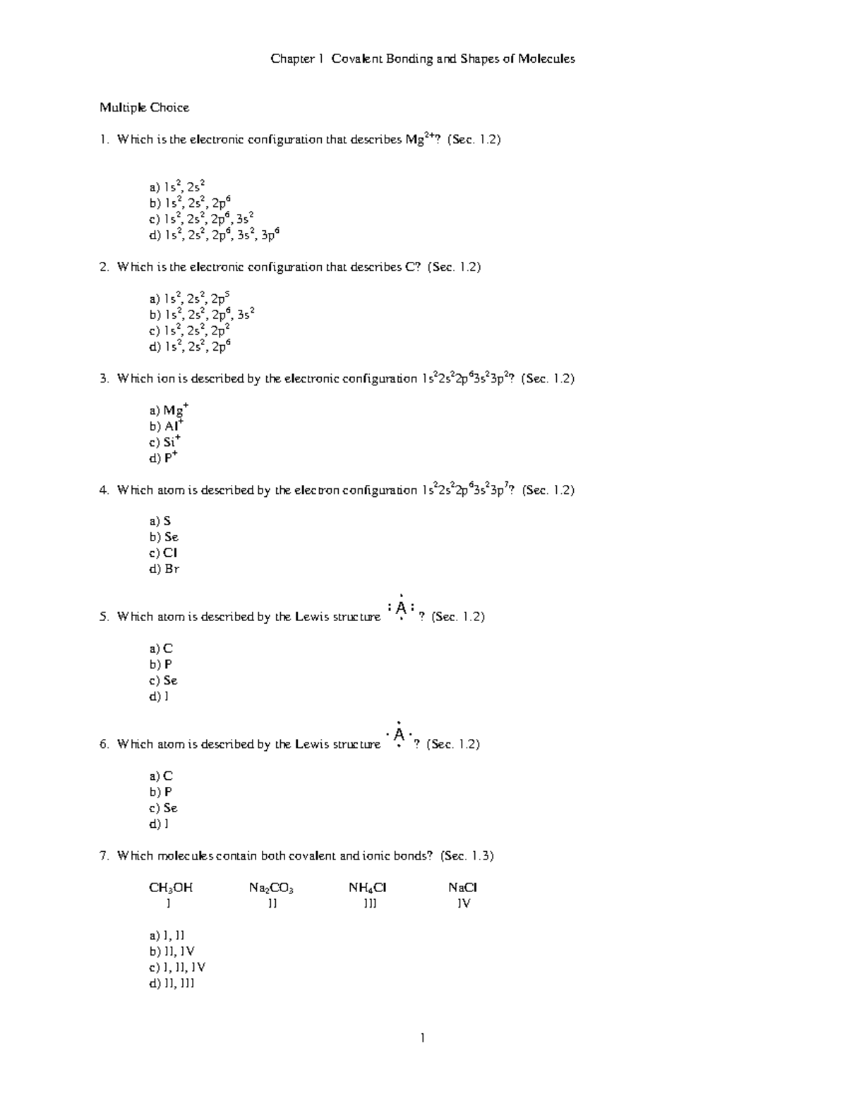 Sample/practice exam 2018, questions and answers - Chapter 1 Covalent ...
