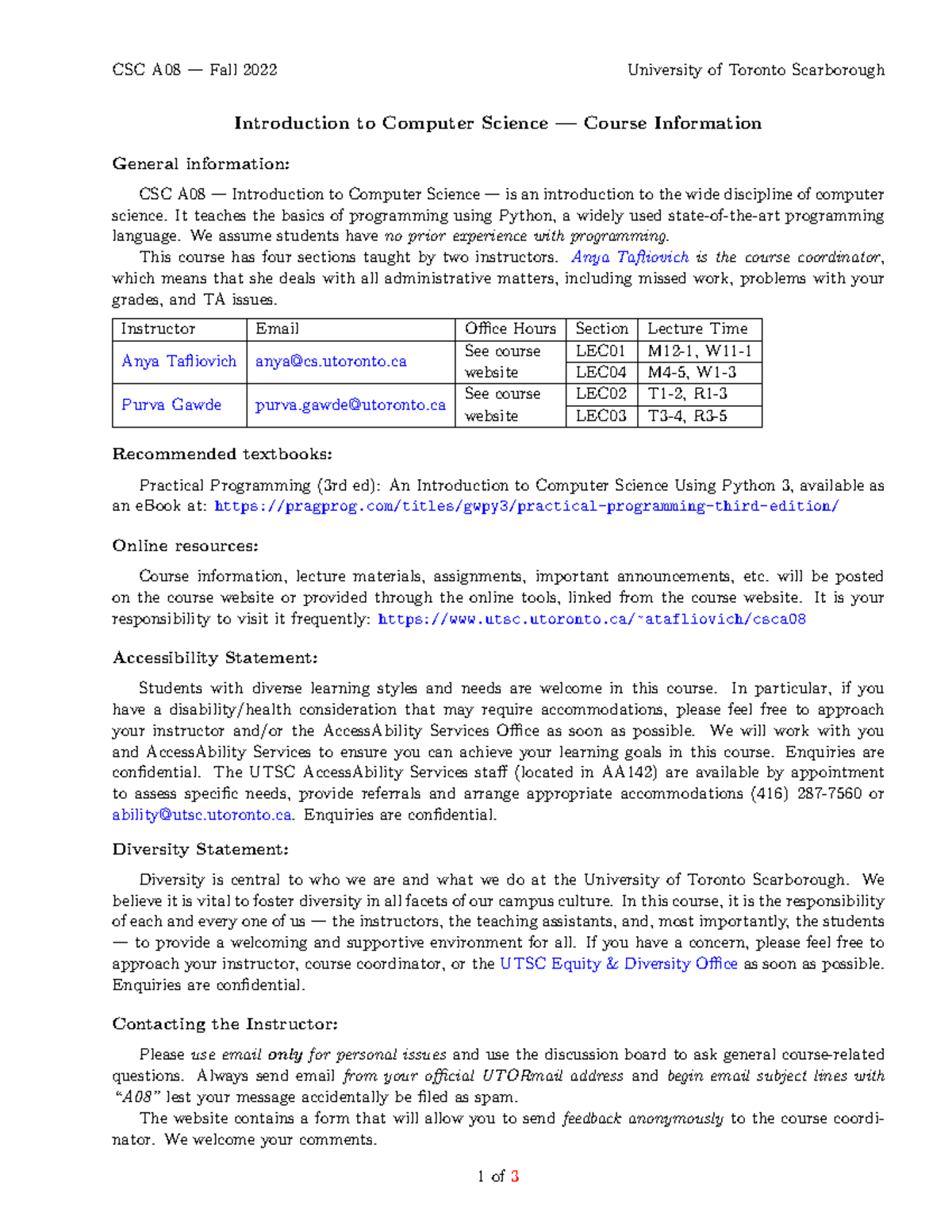 Courseinfosheet - CSC A08 — Fall 2022 University of Toronto Scarborough Introduction to Computer ...