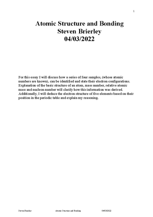 Atomic Structure and Bonding - For this essay I will discuss how a ...
