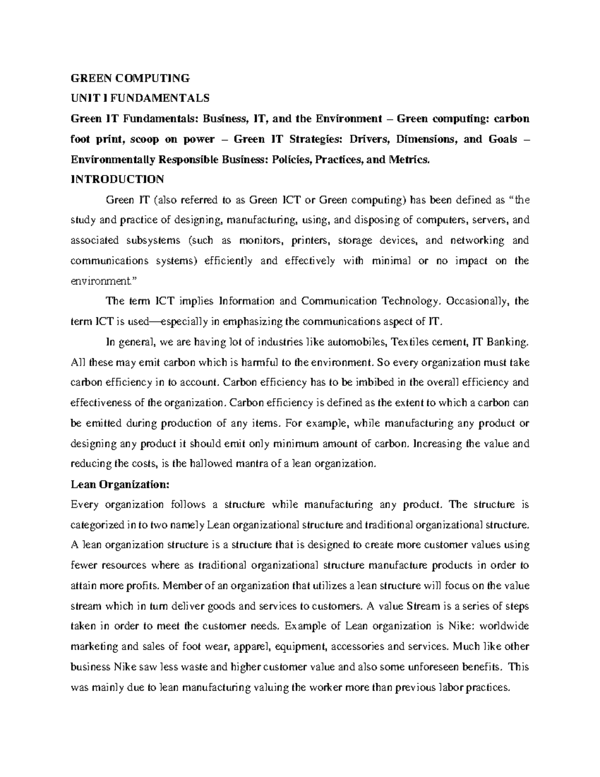 Unit 1 GC - Green computing unit 1 notes. Included all syllabus - GREEN ...
