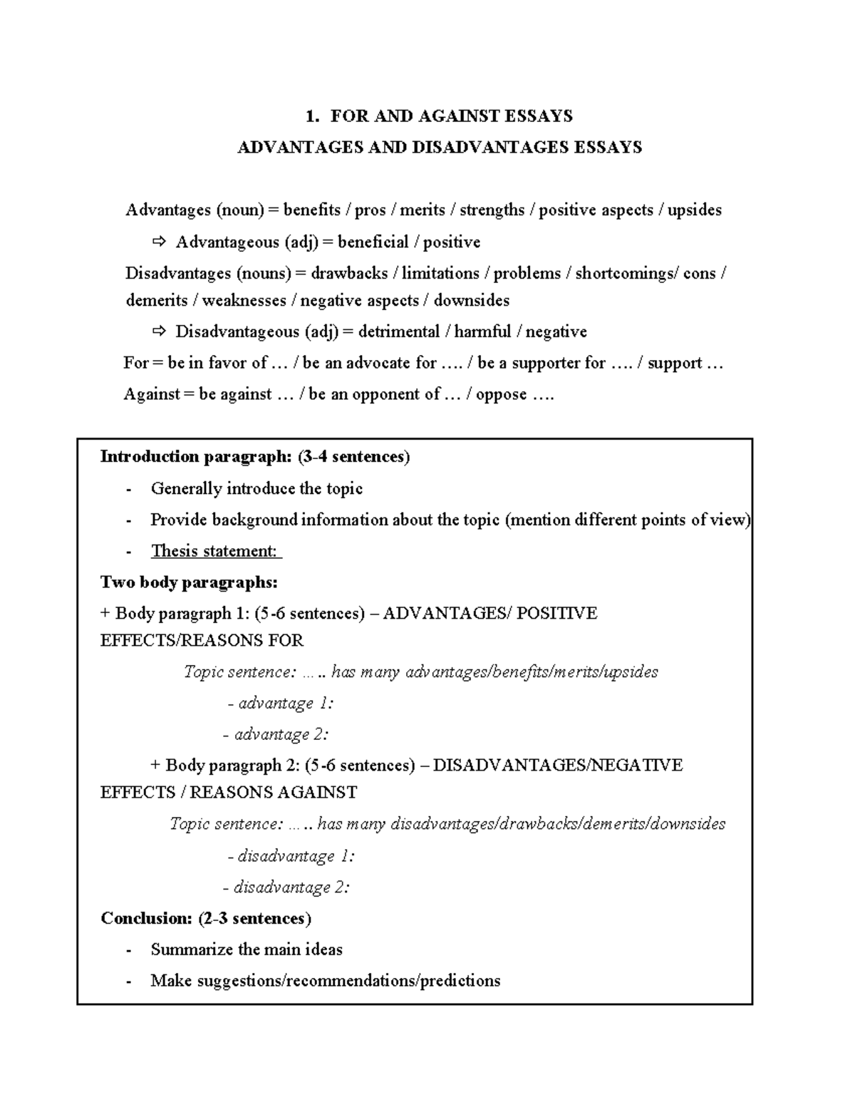 FOR AND Against Essay Structure - 1. FOR AND AGAINST ESSAYS ADVANTAGES ...