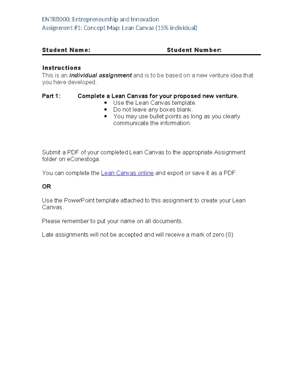 ENTR8000 Assignment 1 Lean Canvas - ENTR8000: Entrepreneurship and ...