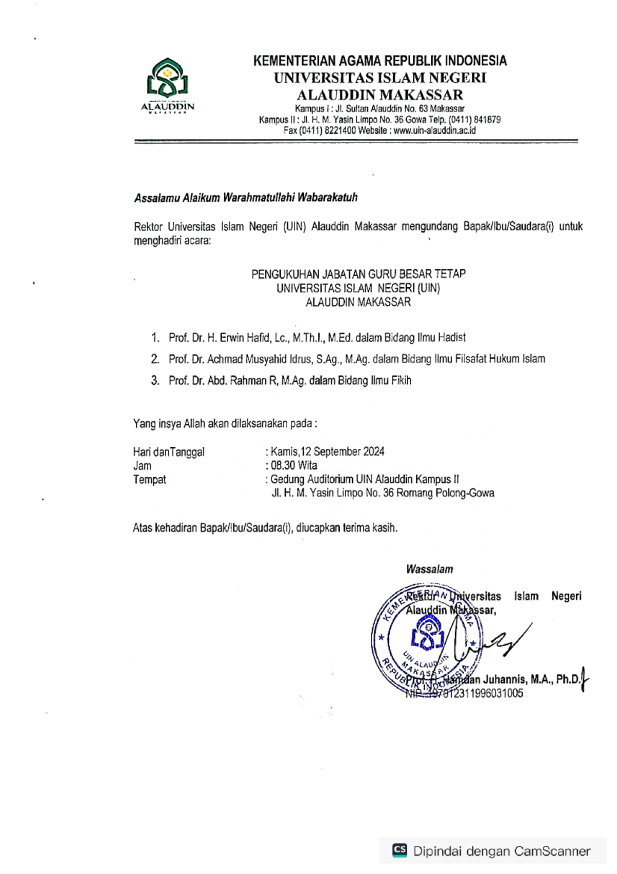 Undangan pengukuhan Guru Besar Prof. Erwin Hafid dkk(1) - KEMENTERIAN AGAMA REPUBLIK INDONESIA ...