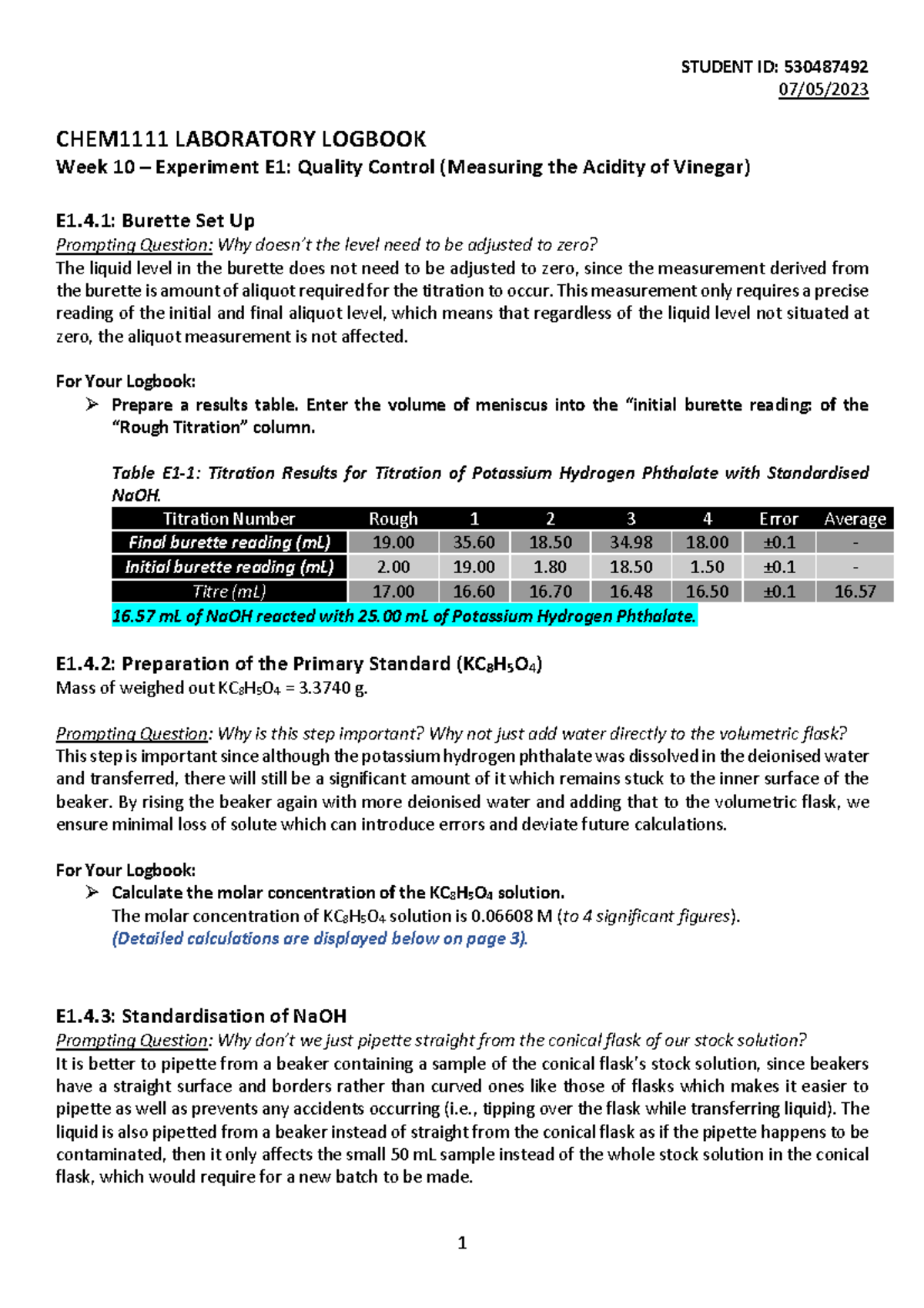 Experiment 1 Titration Logbook - 07/05/ CHEM1111 LABORATORY LOGBOOK Week 10 – Experiment E1 ...