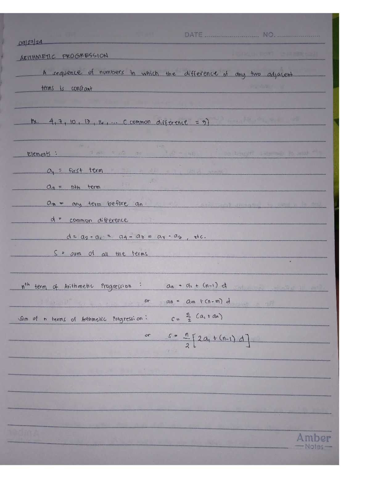 Enhancement - STUDY - DATE NO. ARITHMETIC PROGRESSION A sequence of ...