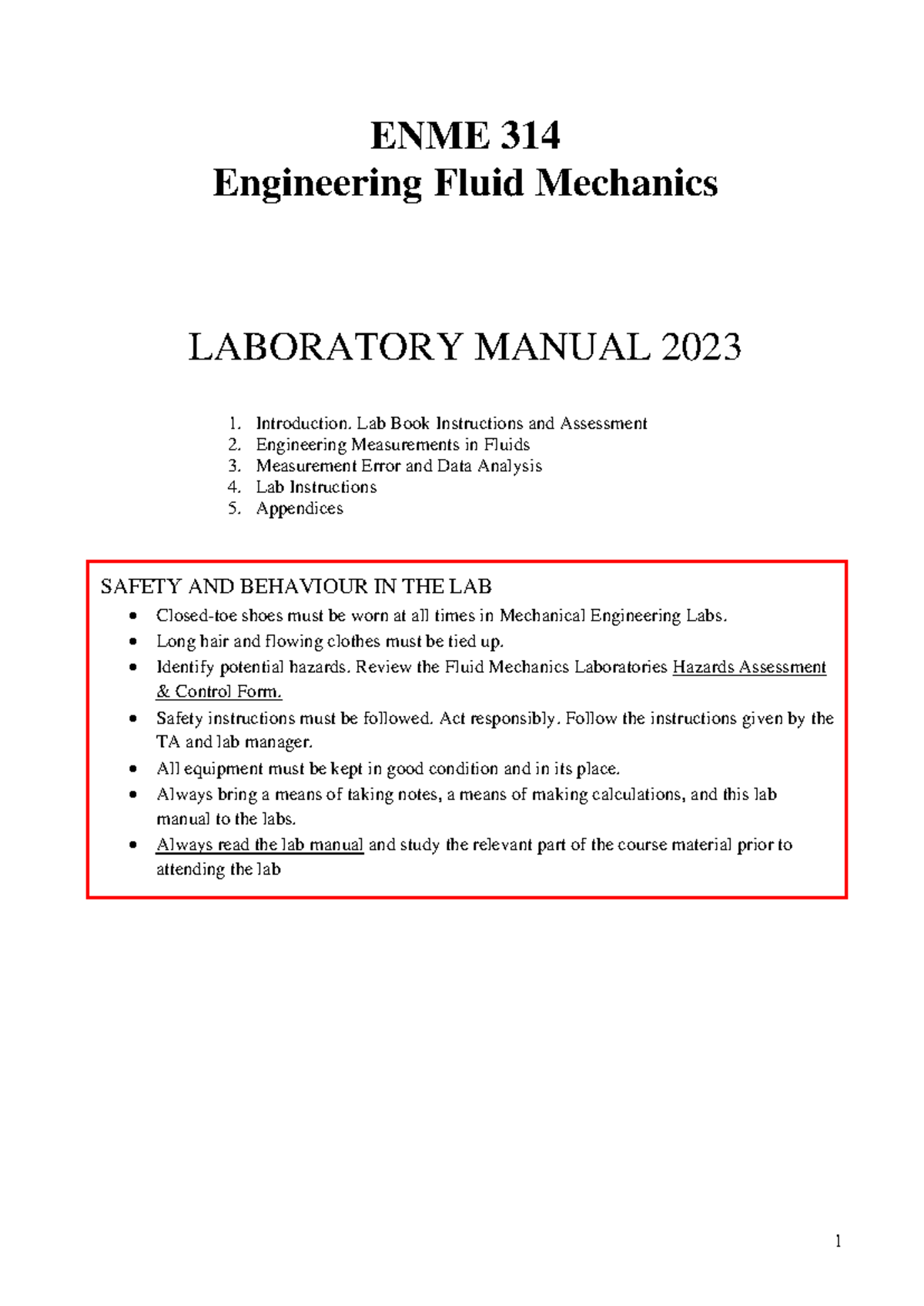 2024 ENME314 Lab Manual - ENME 314 Engineering Fluid Mechanics LABORATORY MANUAL 2023 ...