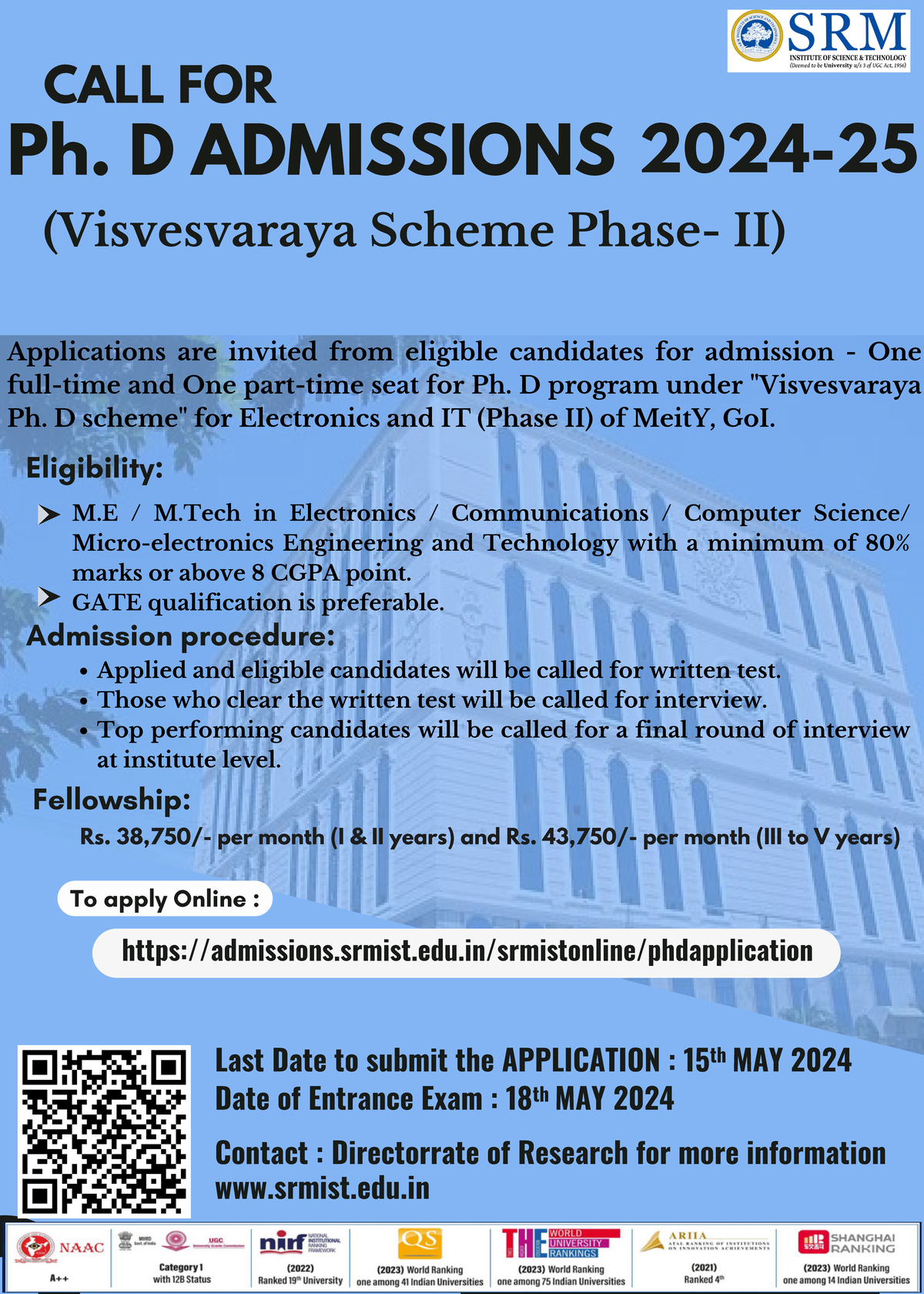 Call for phd scheme 2024 25 - Eligibility: CALL FOR Ph. D ADMISSIONS (Visvesvaraya Scheme Phase ...