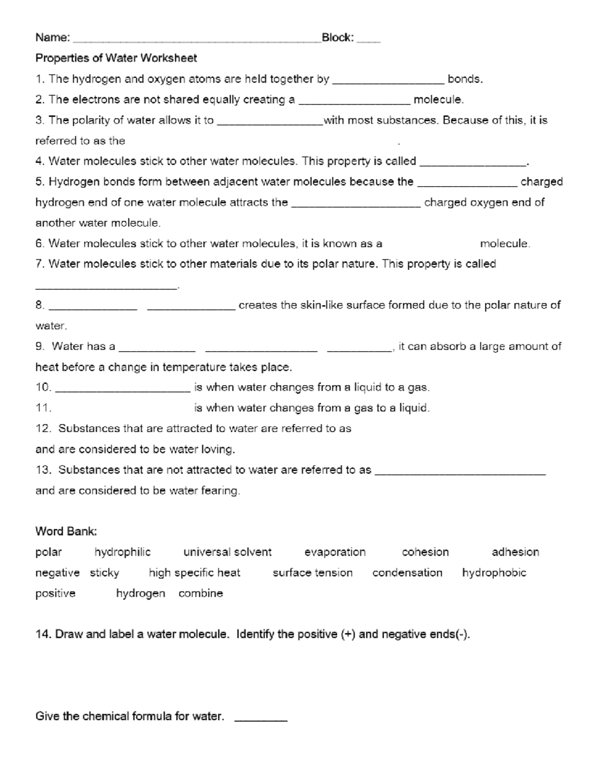 Properties of Water Worksheet - The hydrogen and oxygen atoms are held ...