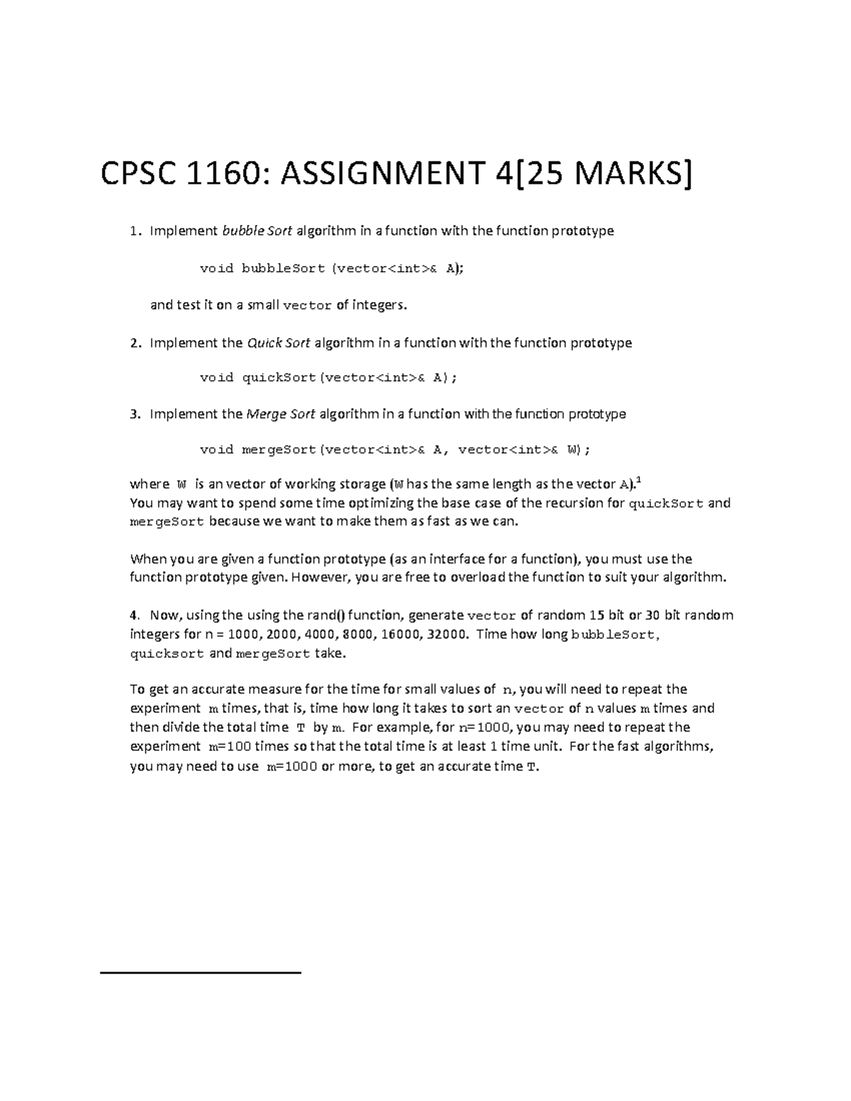 Assignment 4 Cpsc 1160 Assignment 4 25 Marks Implement Bubble Sort