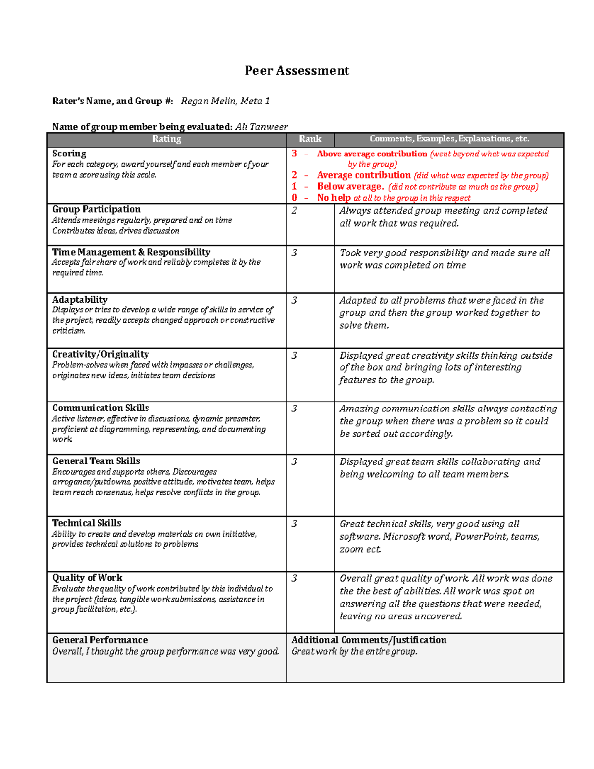 Peerevaluation worksheet Ali Tanweer - Peer Assessment Rater’s Name ...