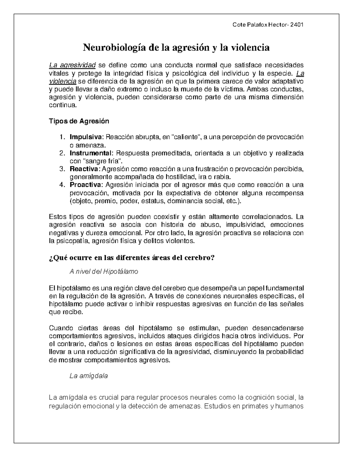 Neuobiologia de la violencia - Cote Palafox Hector- 2401 Neurobiología ...