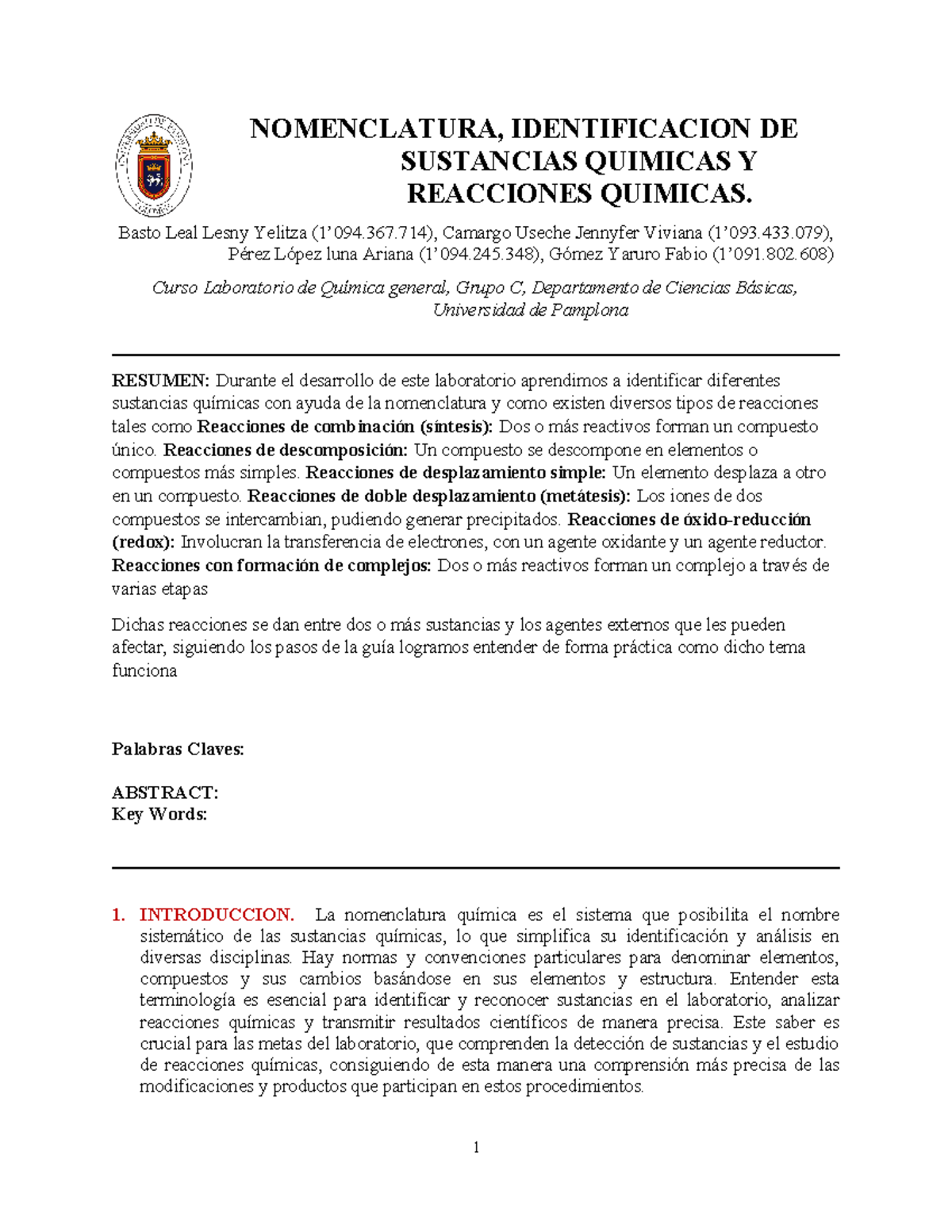Informe Quimica 5 - Trabajo con analisis de resultados - NOMENCLATURA, IDENTIFICACION DE ...