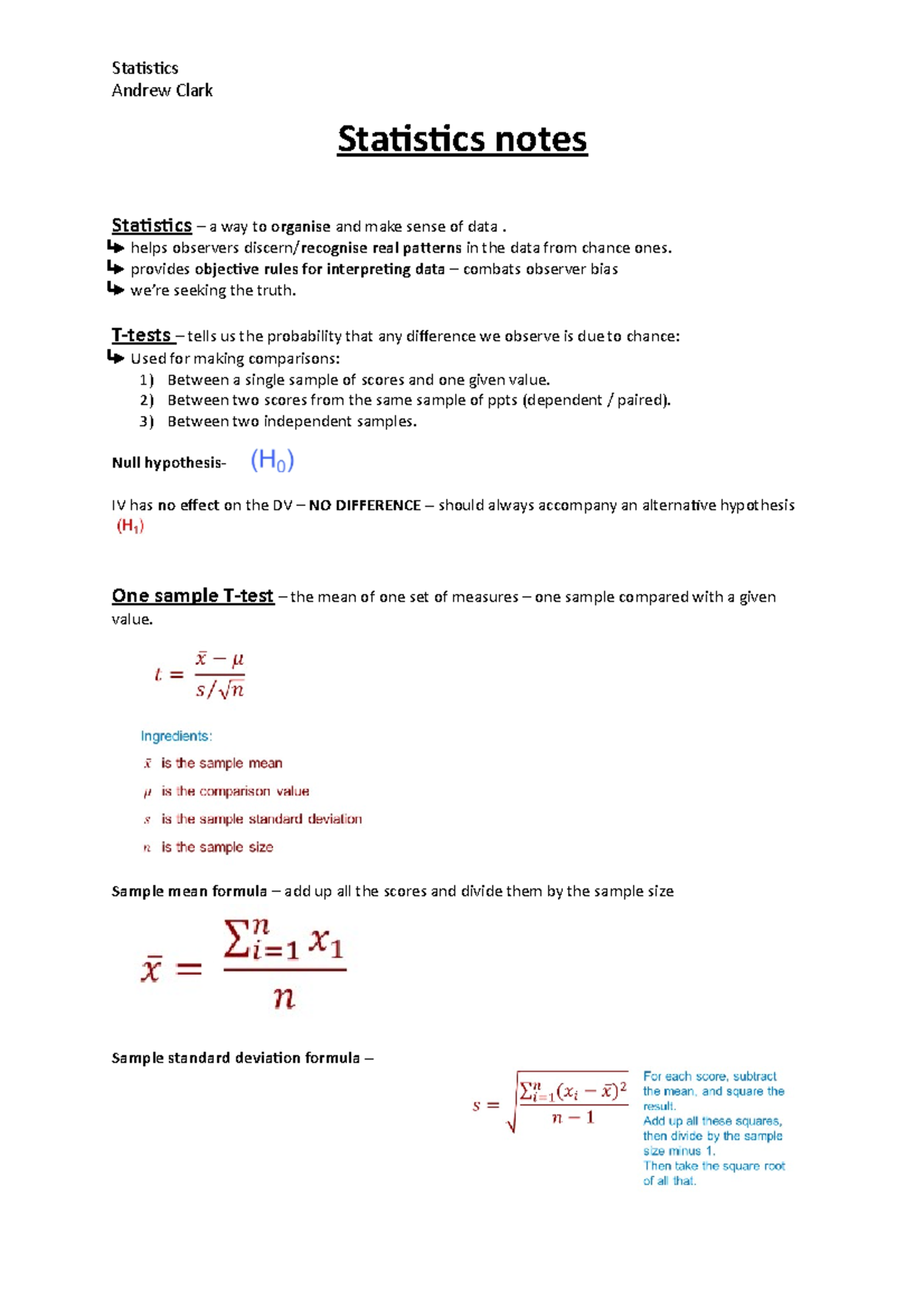 Statistics notes - Andrew Clark Statistics notes Statistics – a way to ...
