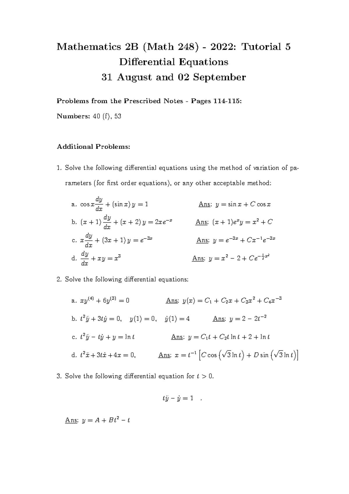 Tutorial 5 - Math 248 (2022) - Mathematics 2B (Math 248) - 2022 ...