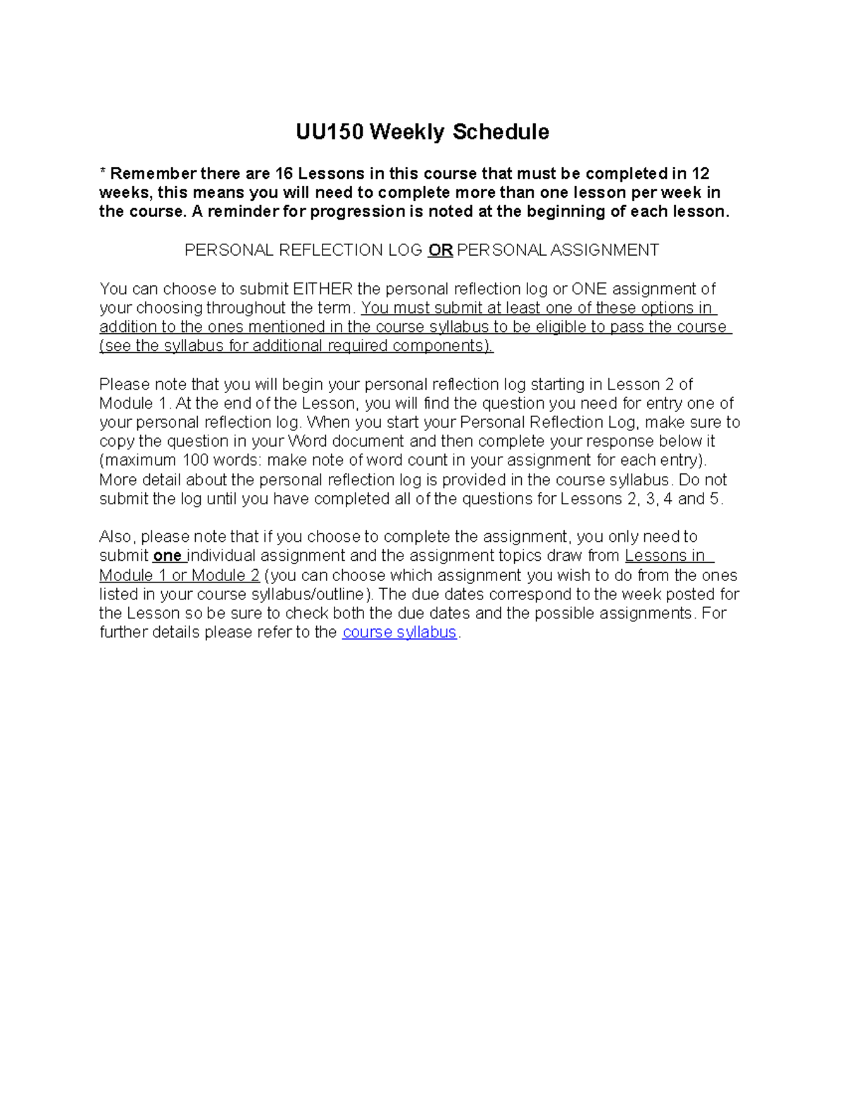 UU150 Weekly Schedule - UU150 Weekly Schedule Remember there are 16 ...