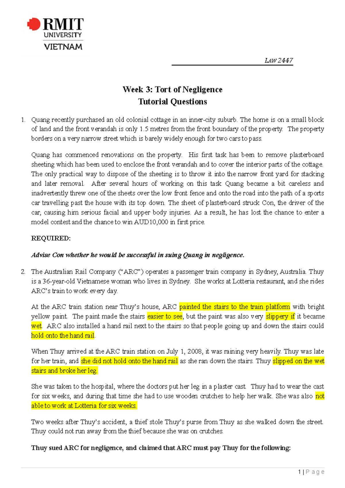 Week 3 Tutorial Questions - LAW 2447 Week 3: Tort of Negligence ...