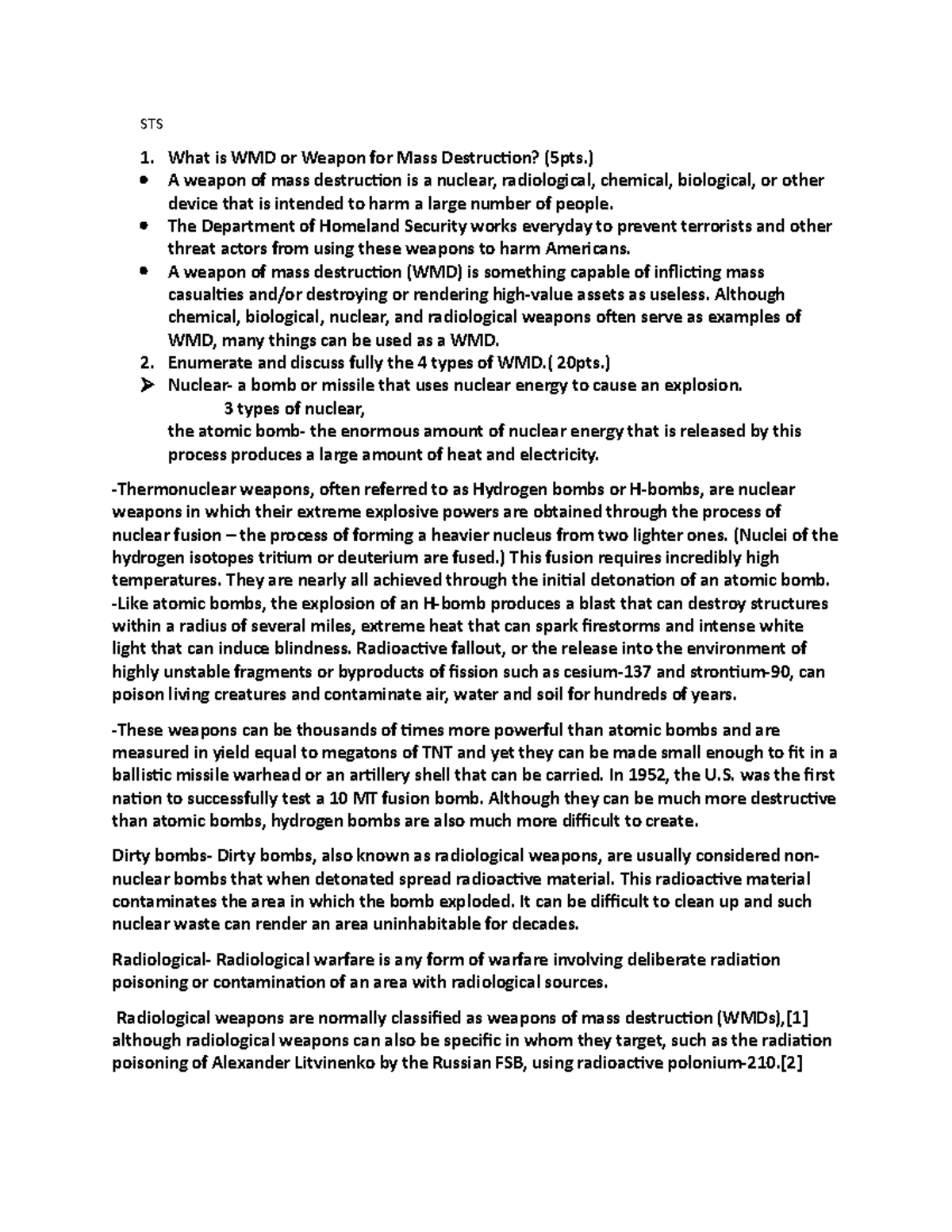 Science, Technology AND Society QUIZ - STS What is WMD or Weapon for ...