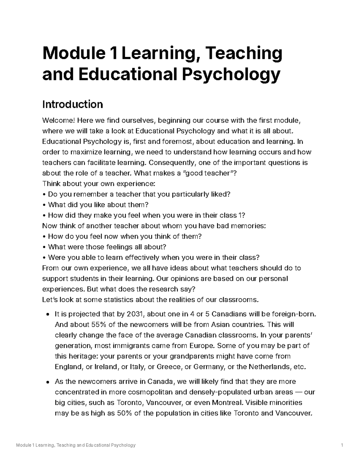 Module 1 Learning Teaching and Educational Psychology - Module 1 ...