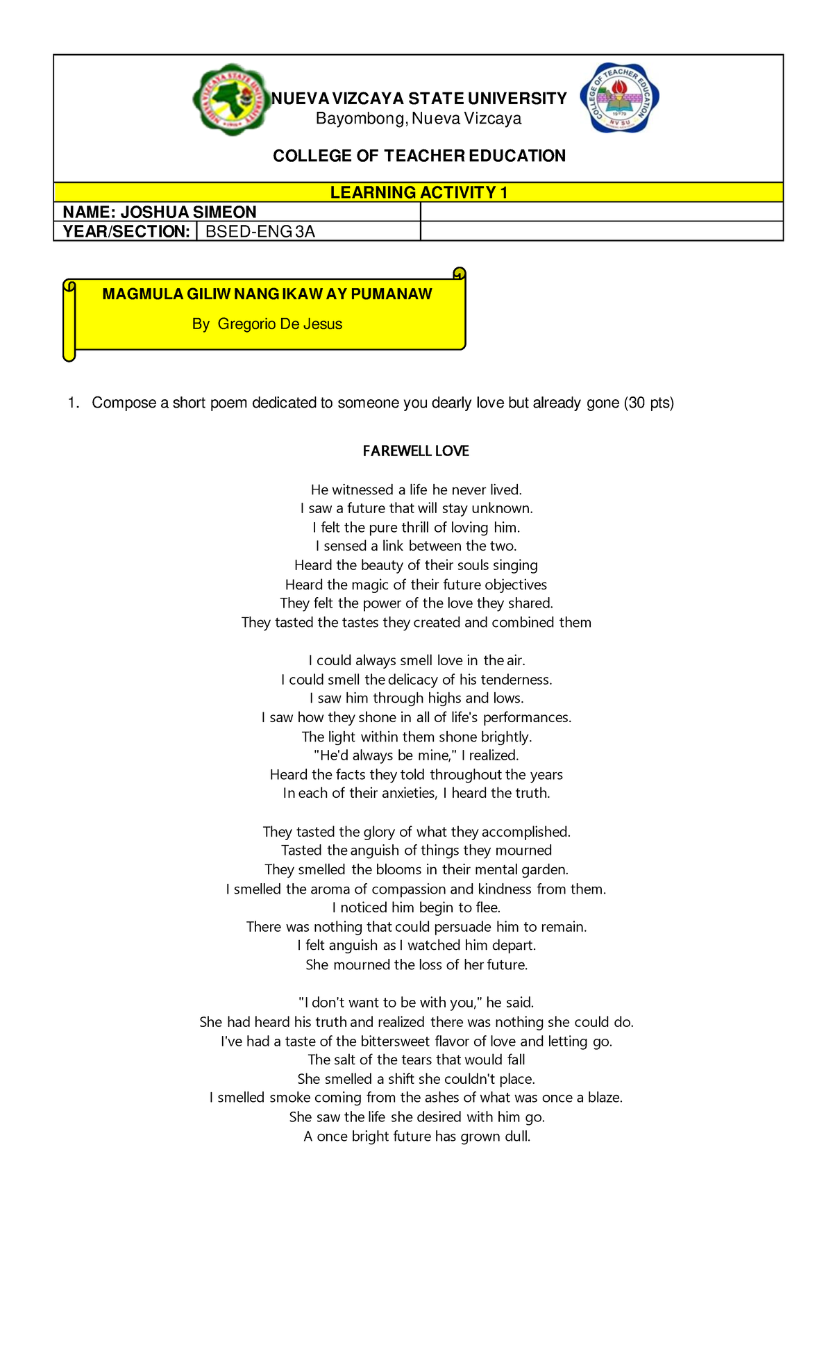 Requirements-IN-PHIL-LIT JO - Compose a short poem dedicated to someone ...