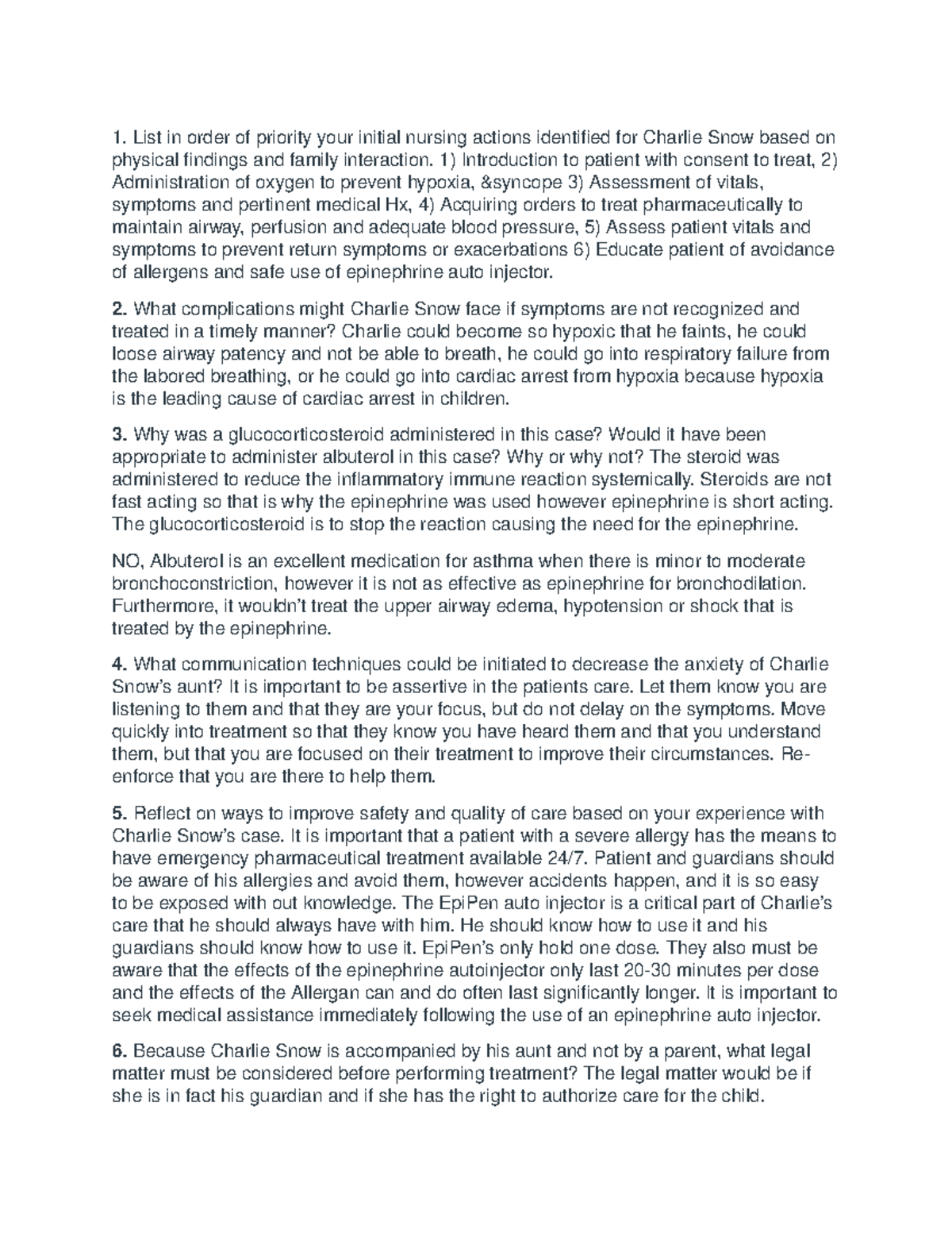 Charlie Snow Discussion Questions - List in order of priority your ...