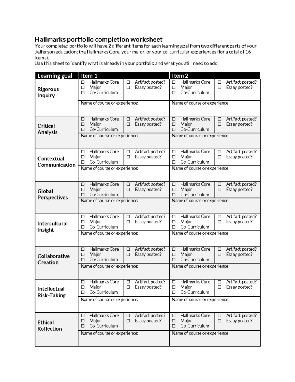 Pathway portfolio completion work sheet check sheet-1 - Hallmarks ...