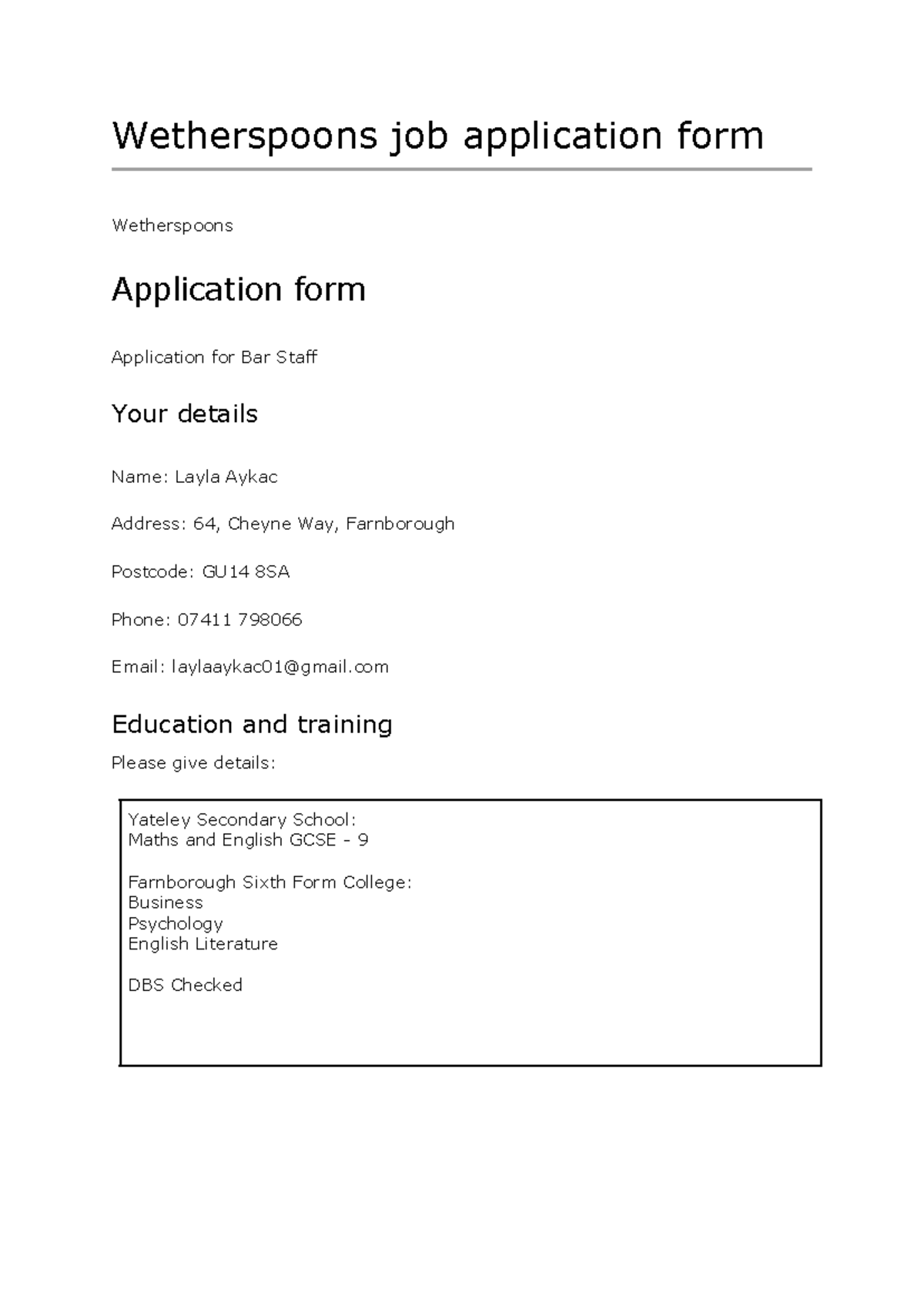 Job application form wetherspoons complete - Wetherspoons job ...