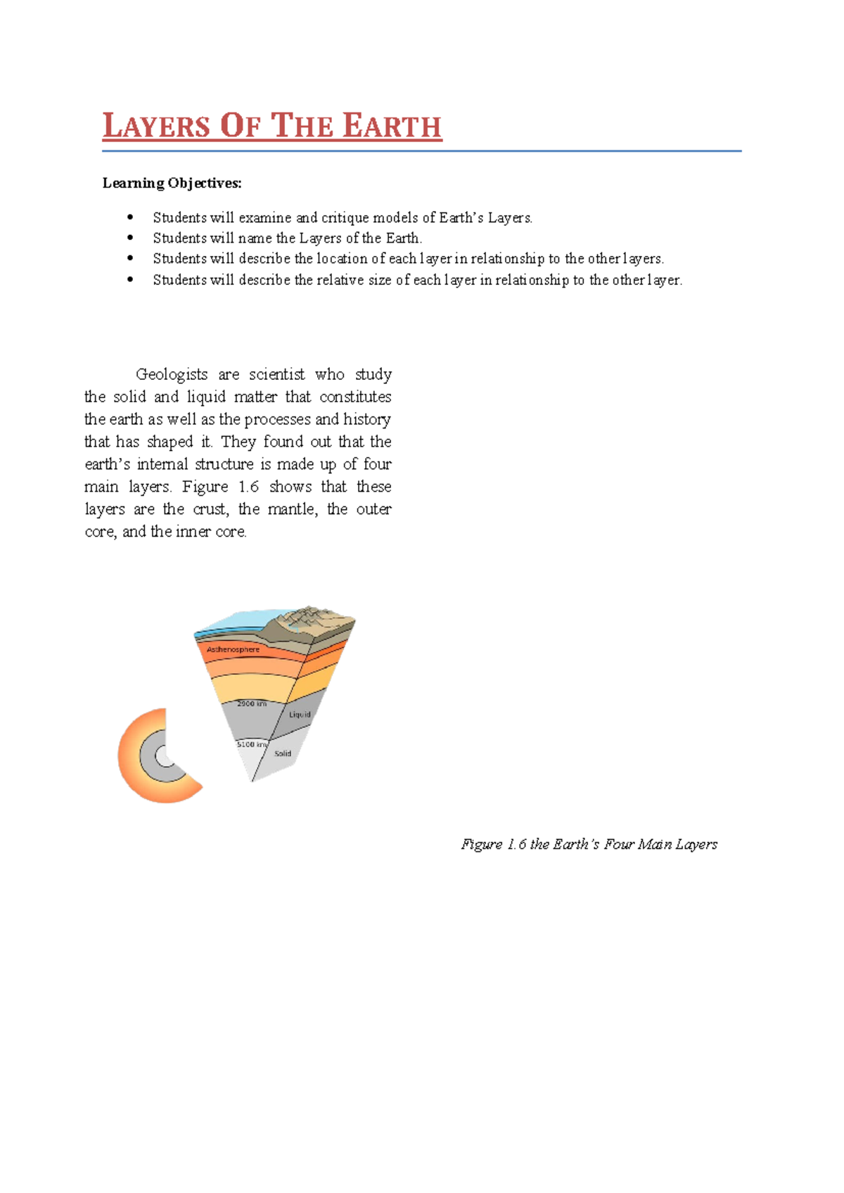 Layers of the Earth - LAYERS OF THE EARTH Learning Objectives: Students will examine and ...