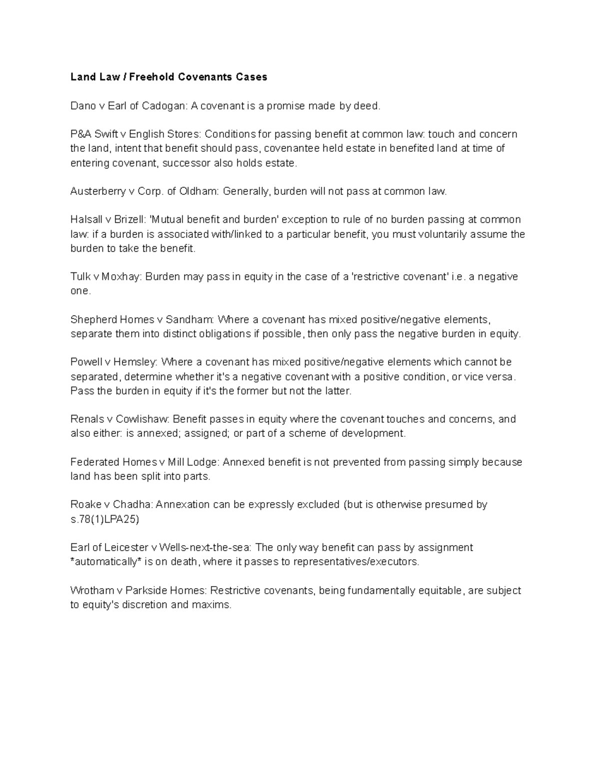 Land Law Freehold Covenants Cases - Land Law / Freehold Covenants Cases ...