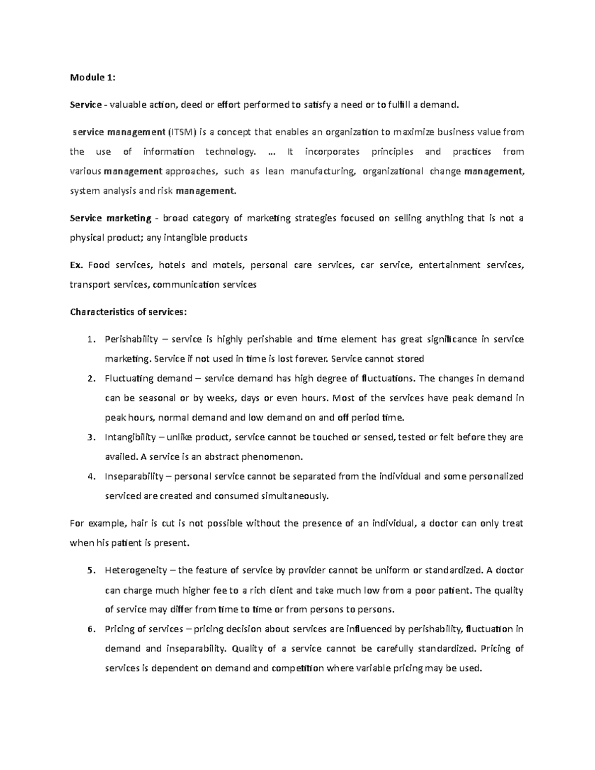 Module 1 - Lecture notes 1 - Module 1: Service - valuable action, deed ...