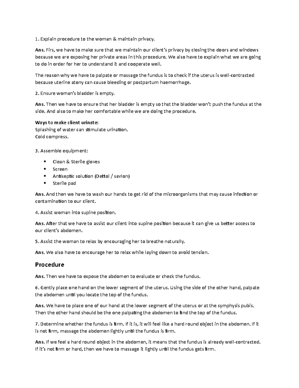 Fundus-RD - procedure - Explain procedure to the woman & maintain ...