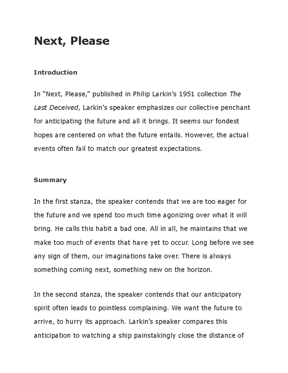 Next, Please - Summary English Literature - Next, Please Introduction ...