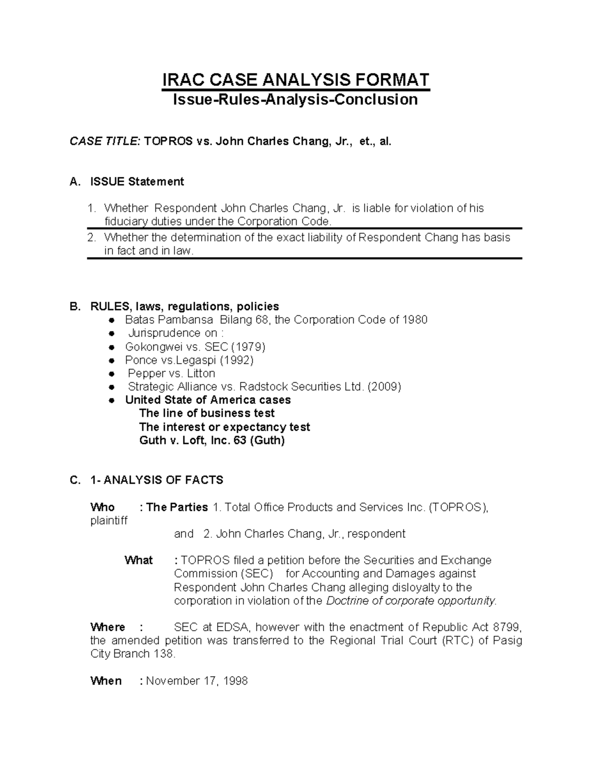Topros vs chang irac format - IRAC CASE ANALYSIS FORMAT Issue-Rules ...