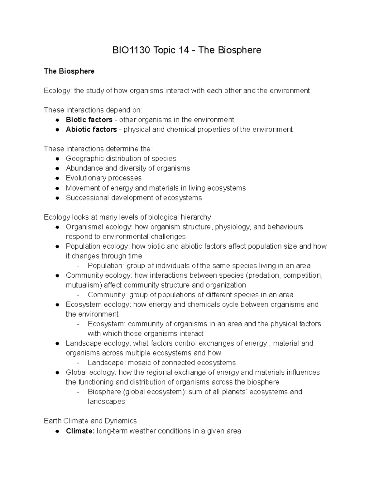 BIO1130 Topic 14 - BIO1130 Topic 14 - The Biosphere The Biosphere ...