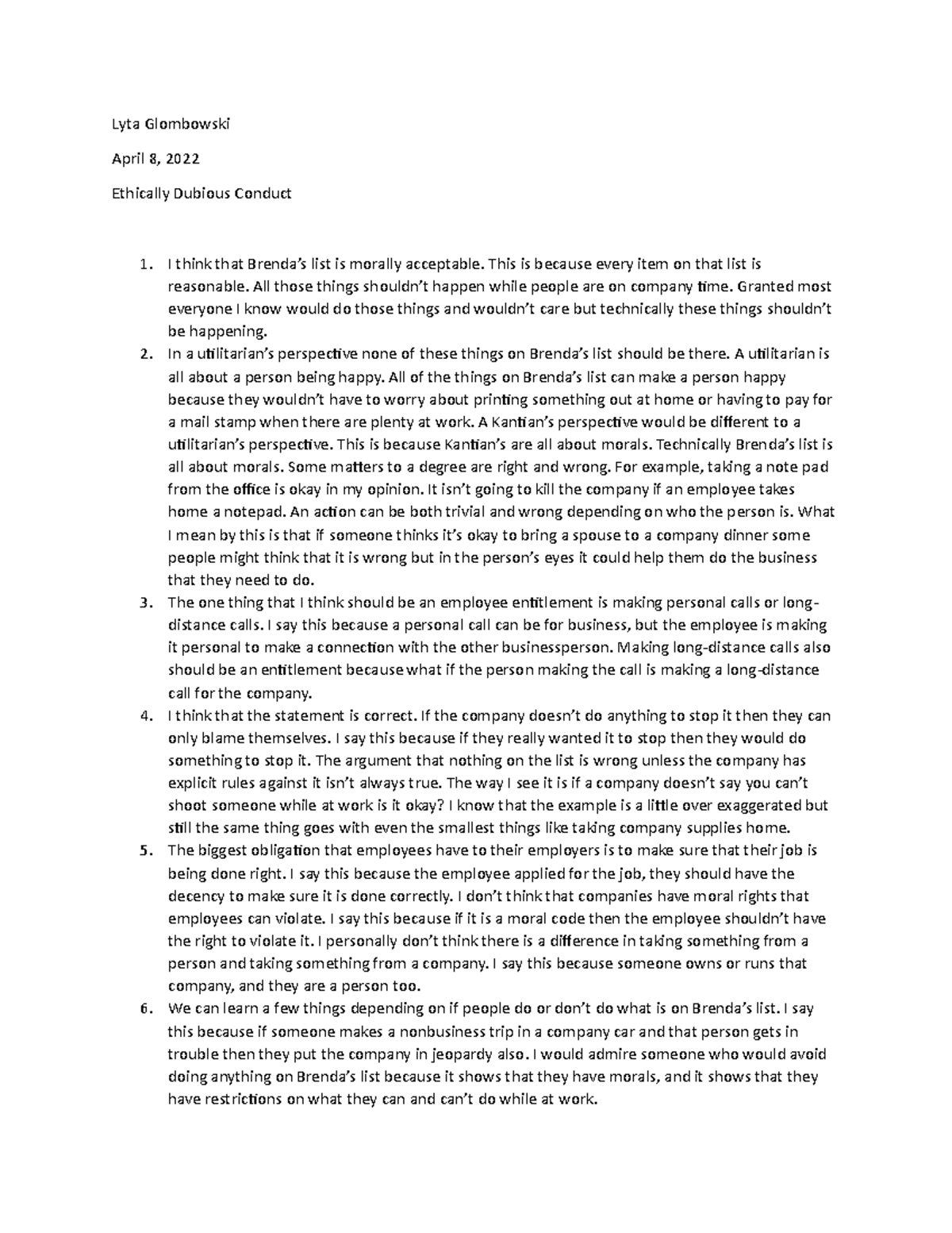 10- Ethically Dubious Conduct - Lyta Glombowski April 8, 2022 Ethically ...