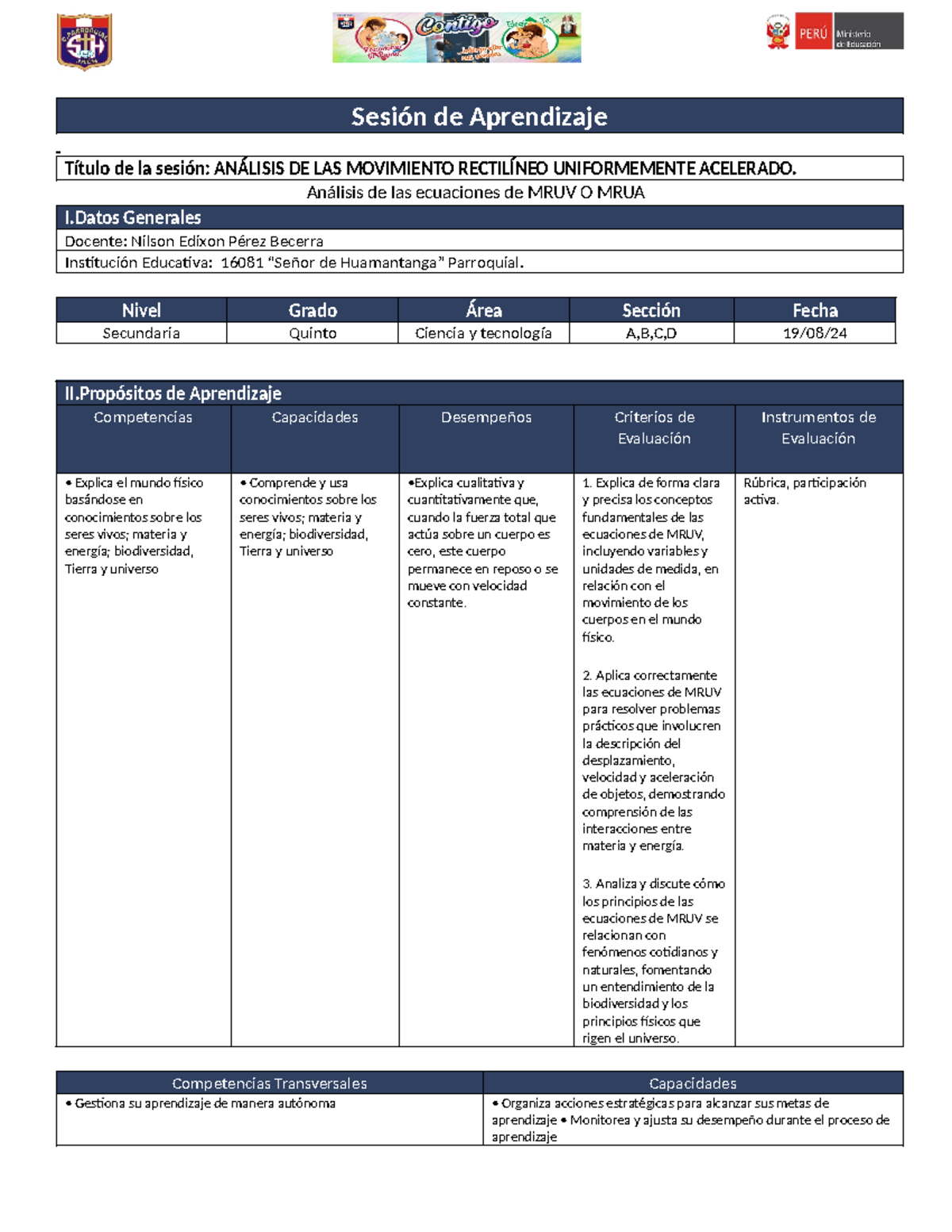 Sesión 18 ecuaciones de MRUV - Sesión de Aprendizaje Título de la sesión: ANÁLISIS DE LAS ...
