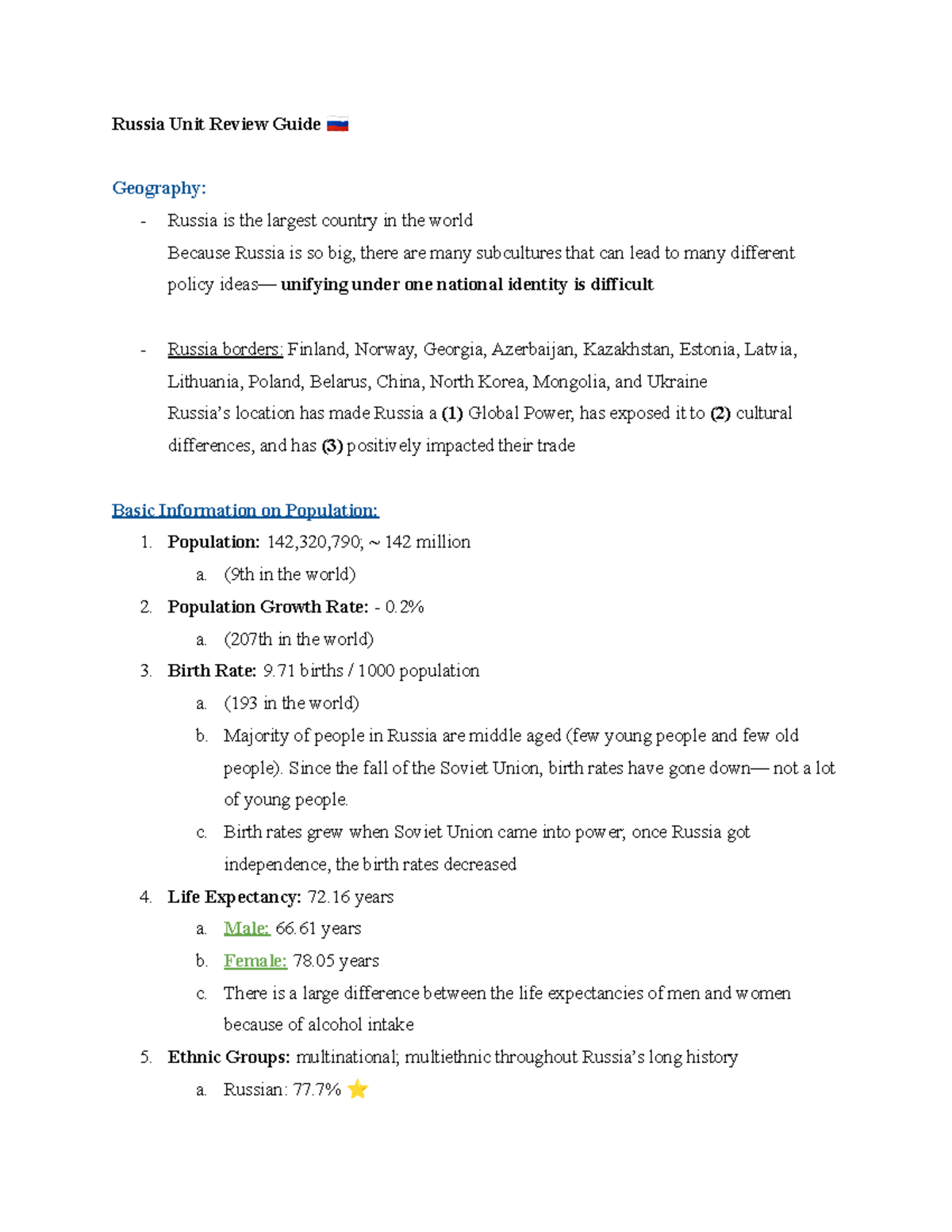 Russia Chapter Review - Russia Unit Review Guide ̧ Geography: - Russia ...