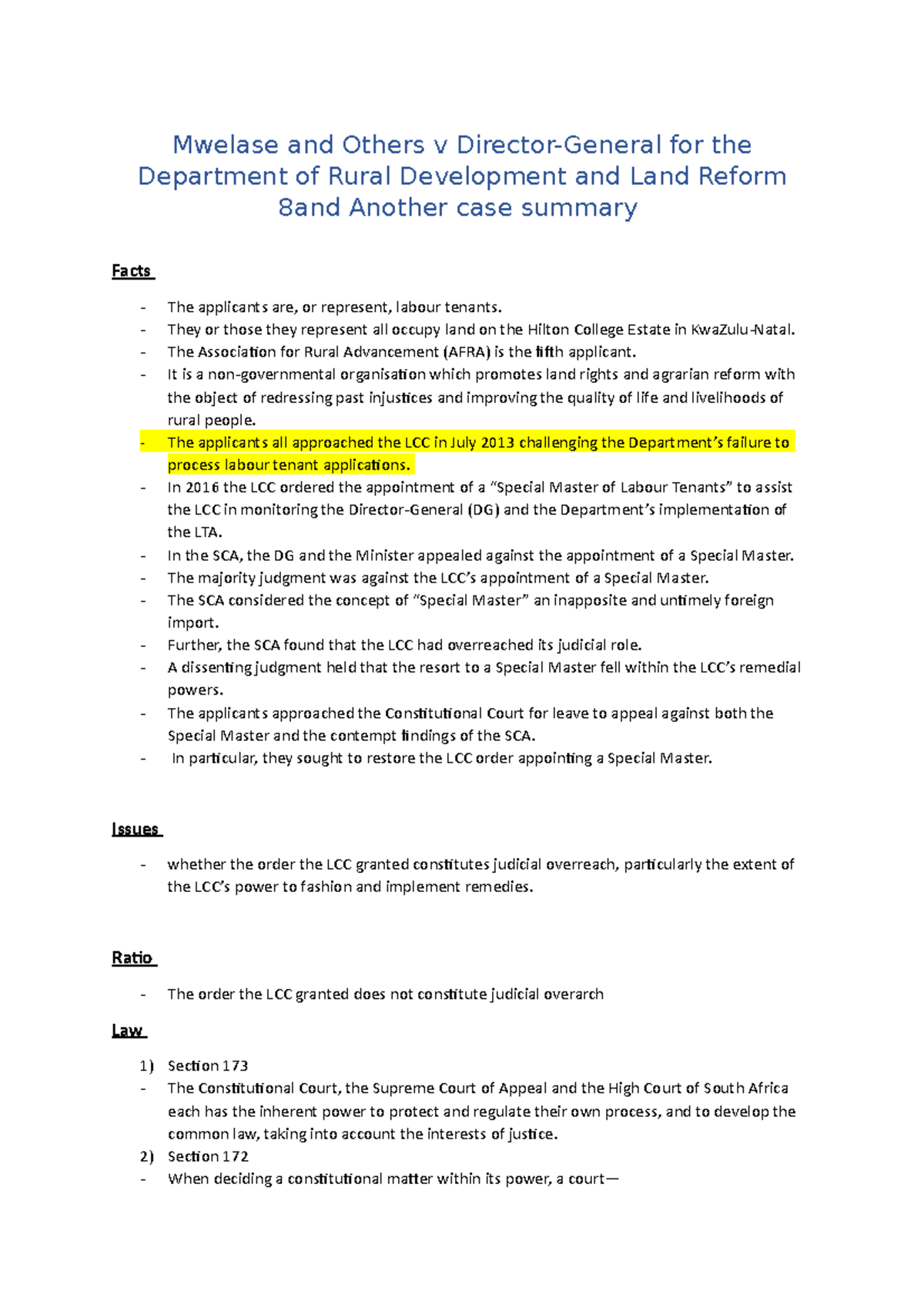 Mvelase CASE Summary - Mwelase and Others v Director-General for the ...