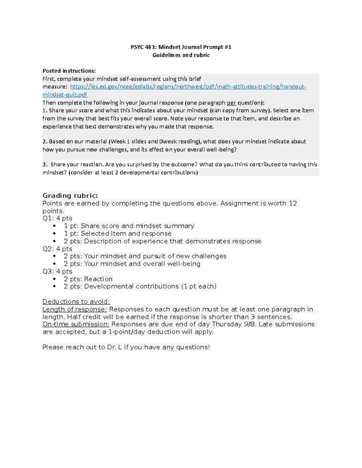 PSYC403 Mindset Journal prompt#1 guidelines and rubric F22 - PSYC 403 ...