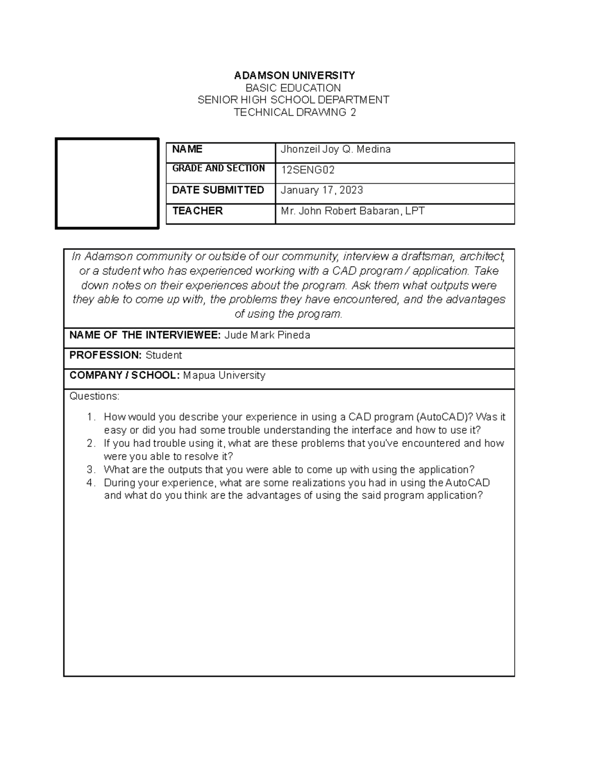 Exercise 1 - ma7pyi - ADAMSON UNIVERSITY BASIC EDUCATION SENIOR HIGH ...