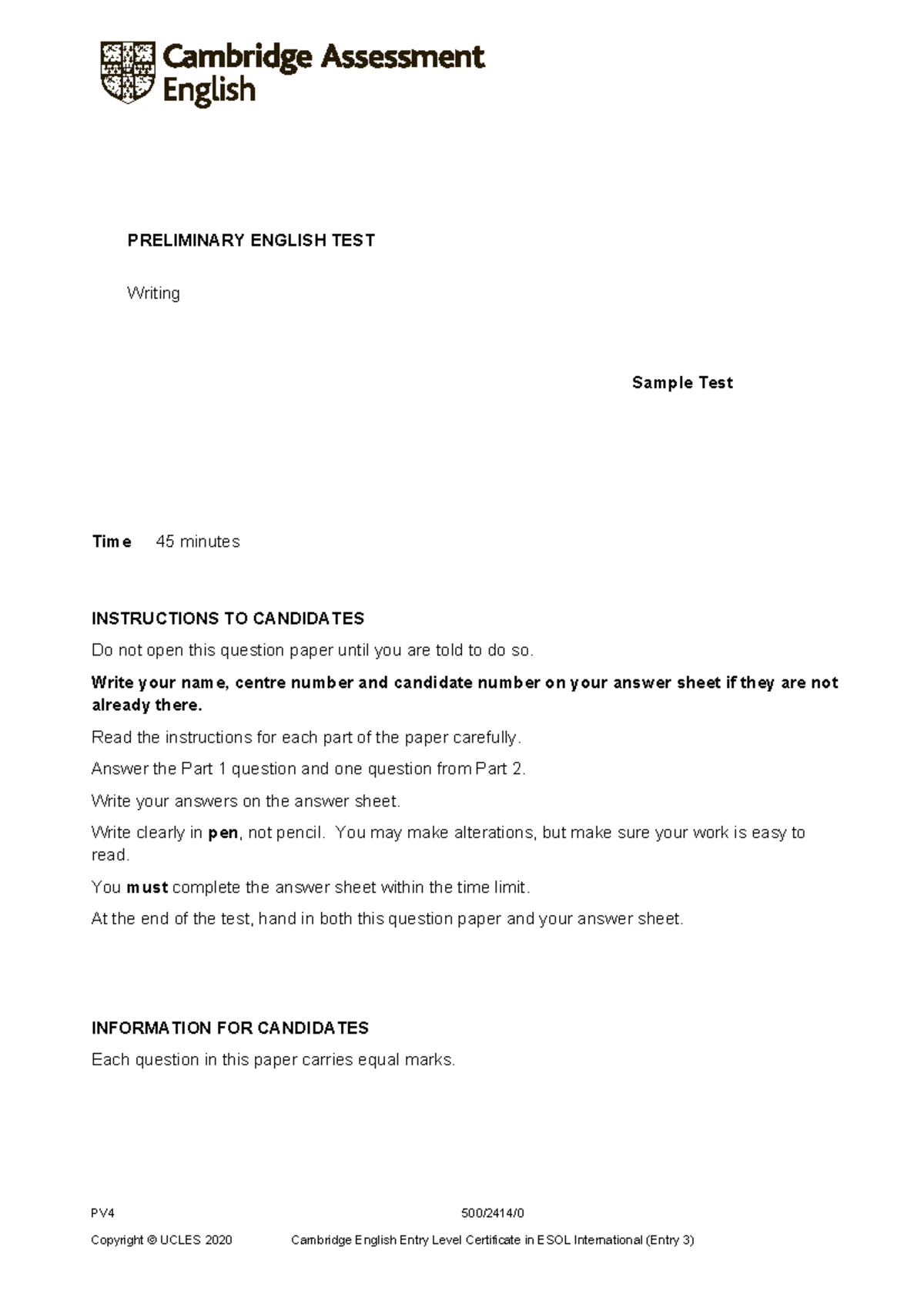 B1 Preliminary 2020 sample Writing - question paper - PRELIMINARY ...