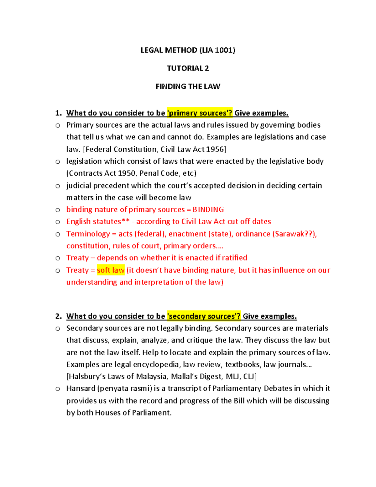 Tutorial 2 Sources for legal research (updated 2021) - LEGAL METHOD (LIA 1001) TUTORIAL 2 ...